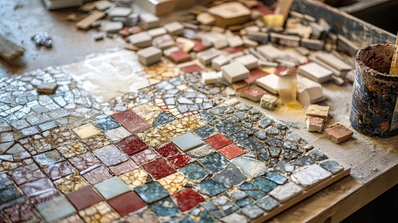 A Mosaic Art Setup with Tiles, Glue, and a Pattern Partially Completed ...