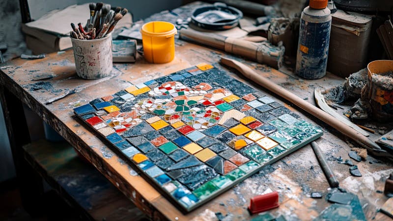 A Mosaic Art Setup with Tiles, Glue, and a Pattern Partially Completed ...