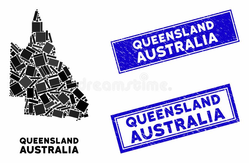 Mosaic Australian Queensland Map and Distress Rectangle Seals Stock ... Mosaic Australian Queensland Map and Distress Rectangle Seals Stock ...