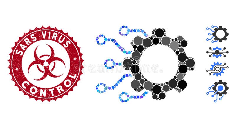 Mosaic Digital Gearwheel Icon with Textured Sars Virus Control Stamp ...