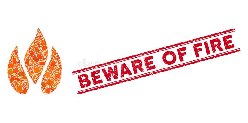 Fire Mosaic and Grunge Beware of Fire Stamp Seal with Lines Stock ...