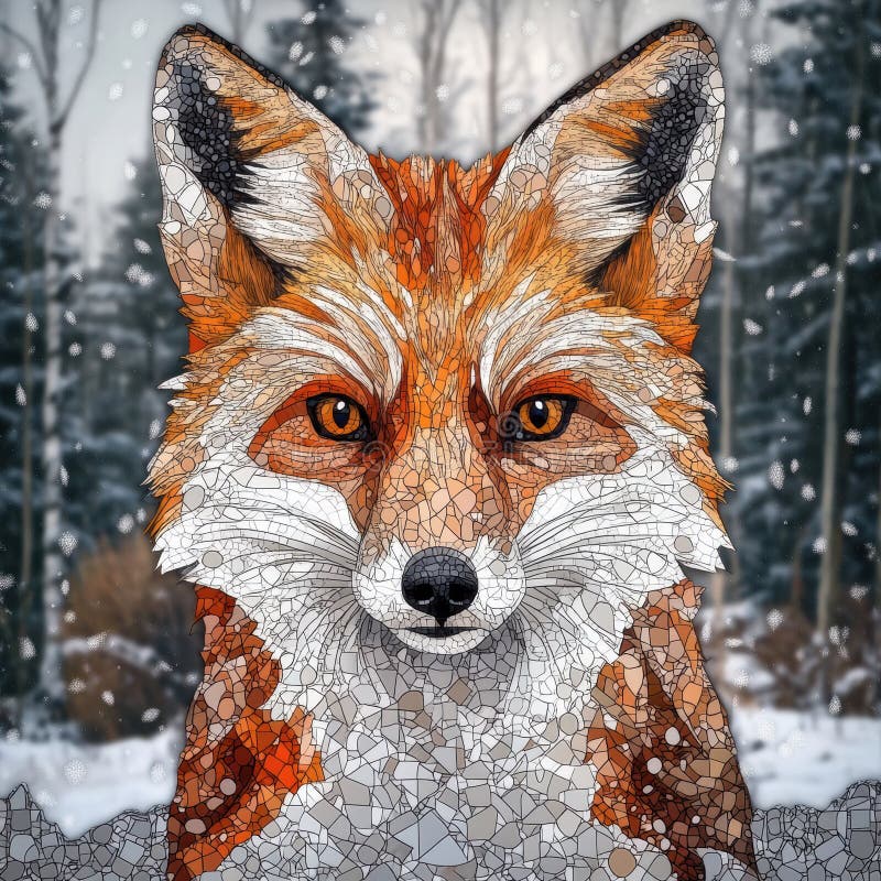 Mosaic Fox Portrait Displaying Intricate Patterns Against Snowy Forest ...