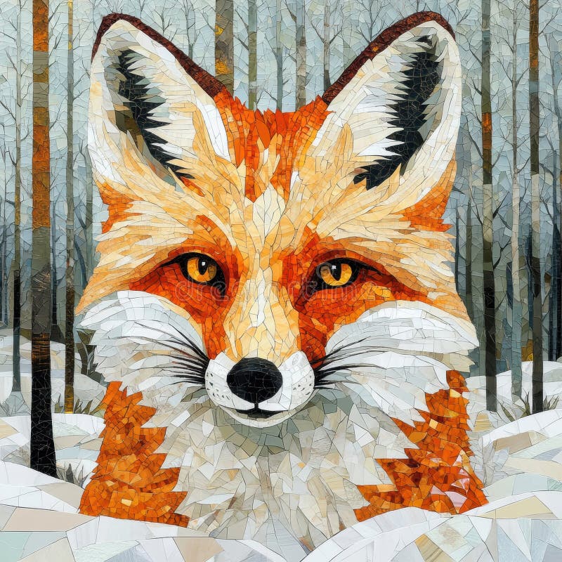 Mosaic Fox Portrait Surrounded by Intricate Patterns in a Snowy Forest ...