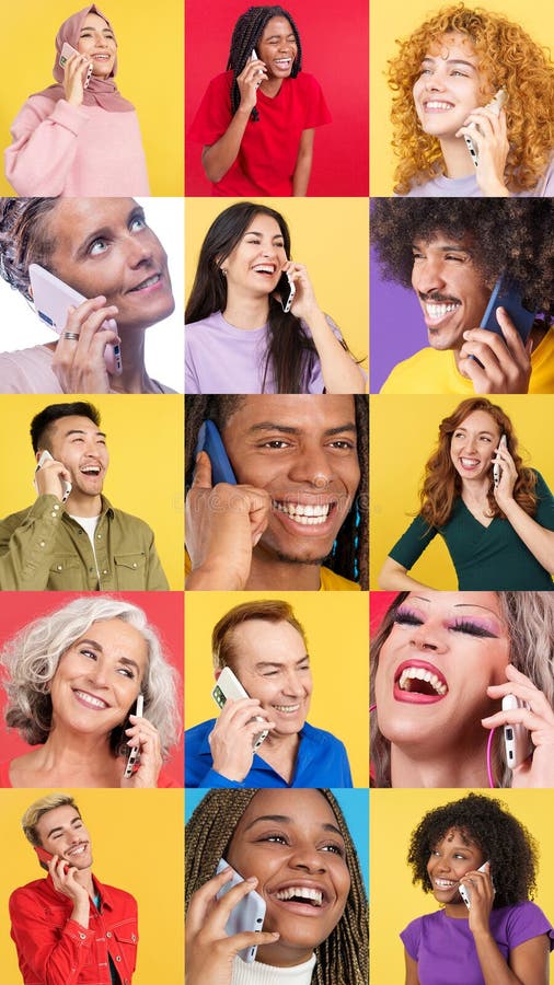 Mosaic of Happy People Talking To the Mobile Stock Image - Image of ...