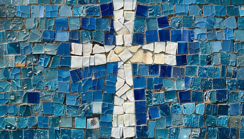 Mosaic Illustration of an Open Cross Made from Small Blue and White ...