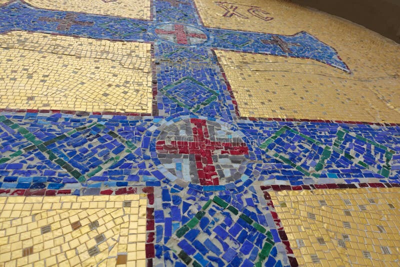 Mosaic Image of the Orthodox Cross with Elements of Vegetation. Blue ...