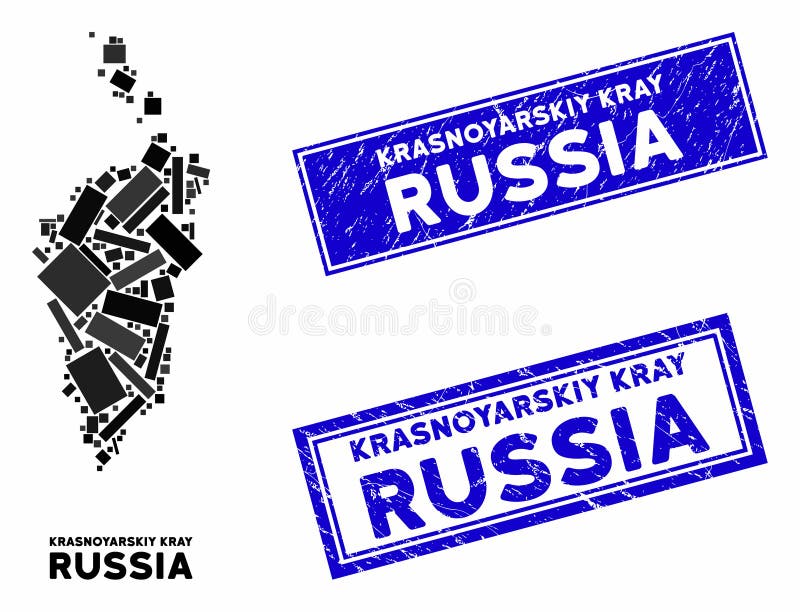Mosaic Krasnoyarskiy Kray Map Und Grunge Rectangle Stamps Vektor