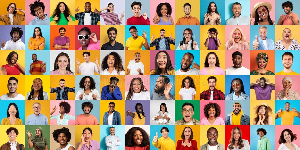 Mosaic of Multiple Expressive Faces on Colored Backgrounds Stock Image ...