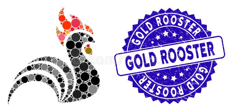 Mosaic Rooster Icon with Scratched Gold Rooster Stamp Stock Vector ...