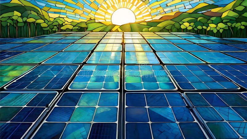 Mosaic Solar Panels with Sun and Trees in Bright Blue-Green Colors ...