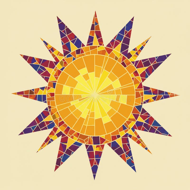Mosaic Sunburst Design Features a Circular Yellow Center with Radiating ...