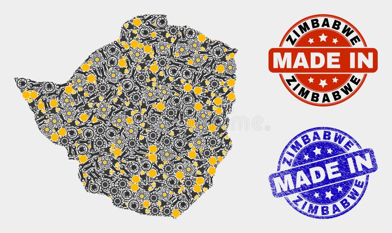 Mosaic Zimbabwe Map of Industrial Items and Made in Grunge Stamp Stock ...