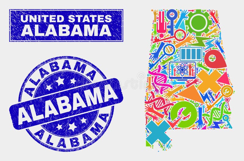 Mosaic Technology Alabama State Map and Grunge Alabama Seal Stock ...