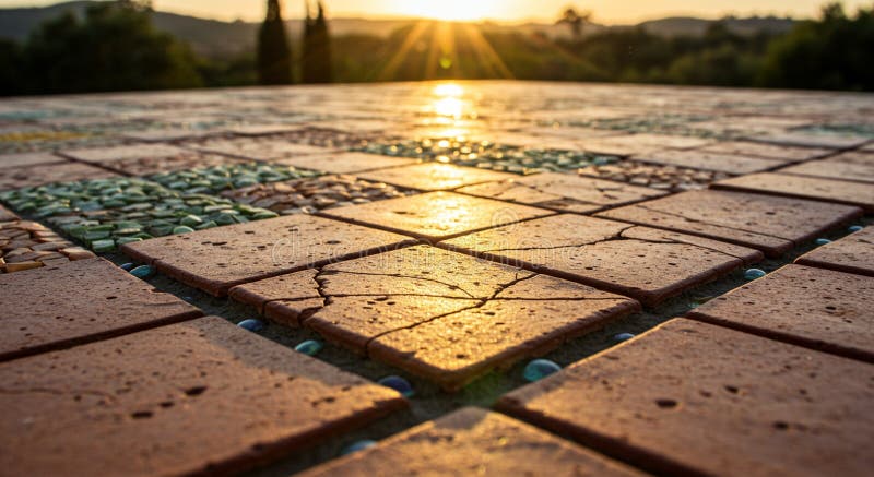 Mosaic Tile Surface with Sunset Reflection and Landscape Backdrop Stock ...