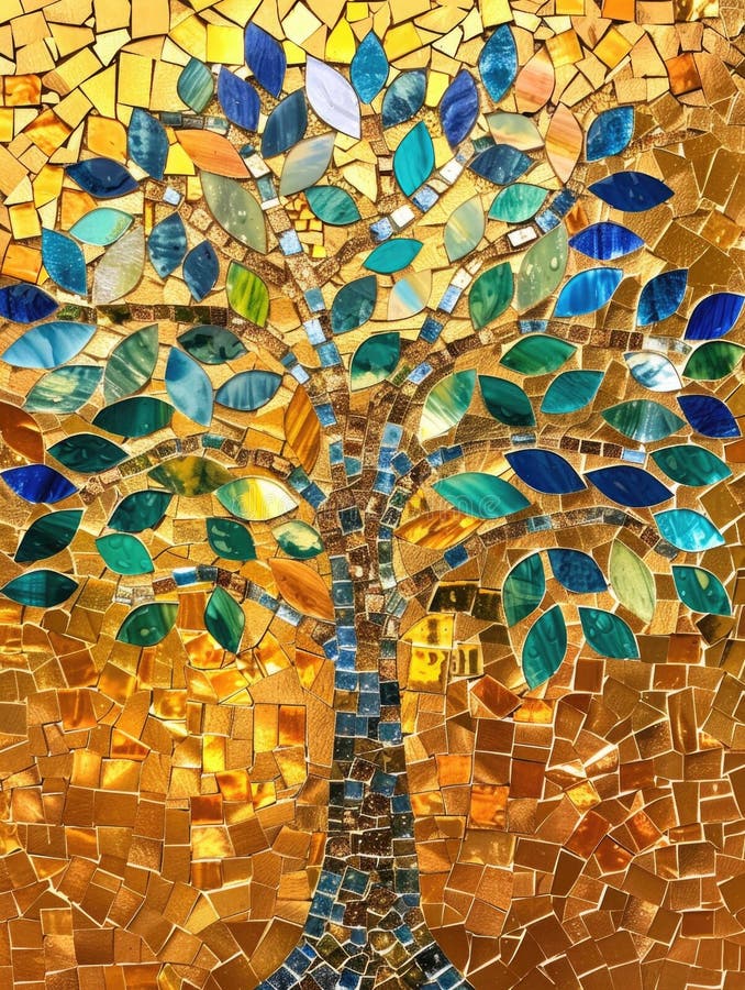 A Mosaic Tree Made of Blue and Gold Tiles Stock Image - Image of glass ...