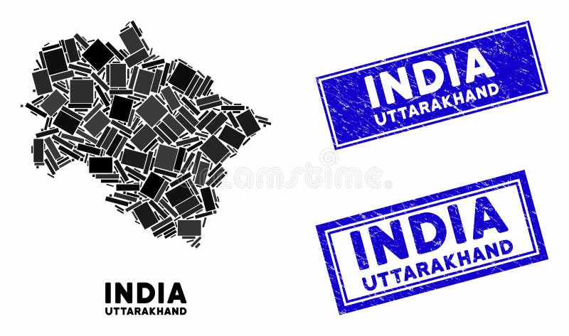 Mosaic Uttarakhand State Map and Grunge Rectangle Seals Stock Vector ...