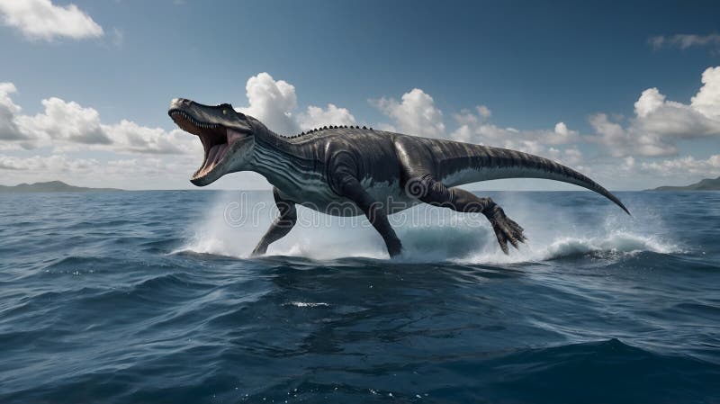 Mosasaurus Breaching Ocean Surface Hunting Pterosaur Stock Illustration ...