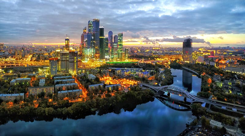 Moscow City District and Moscow River at Dusk Stock Image - Image of ...
