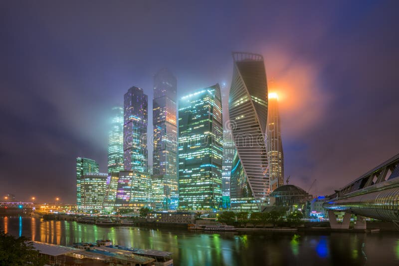 Moscow-city at Night in the Fog and at Low Clouds Stock Photo - Image ...