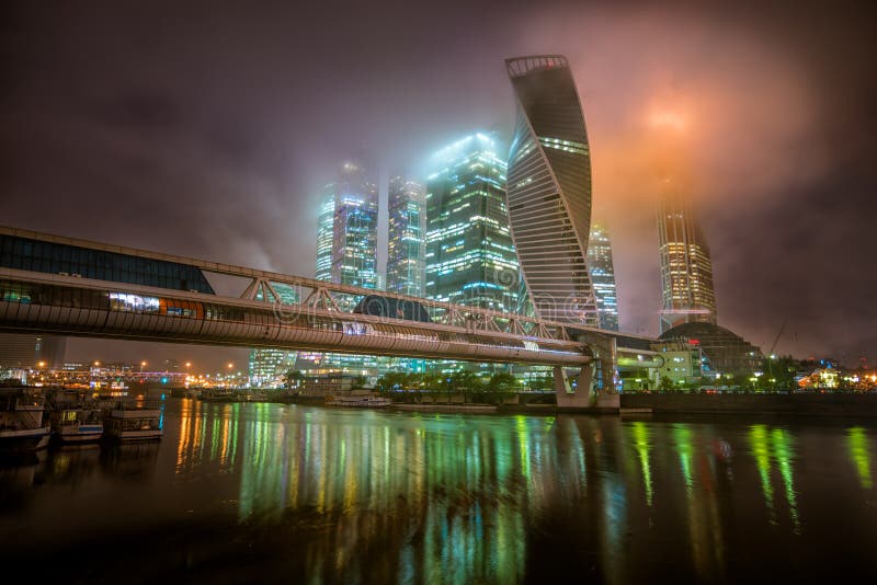Moscow-city at Night in the Fog and at Low Clouds Stock Image - Image ...