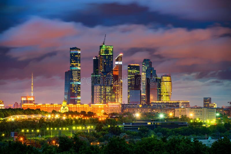 Moscow City at night stock image. Image of illuminated - 185907963