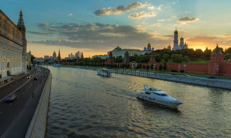 Moscow cityscape stock image. Image of river, boat, reflections - 55980955
