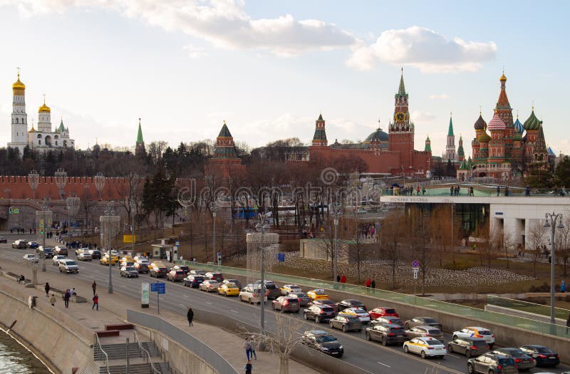 Moscow Kremlin and Cars in Spring in Clear Weather Stock Photo - Image ...