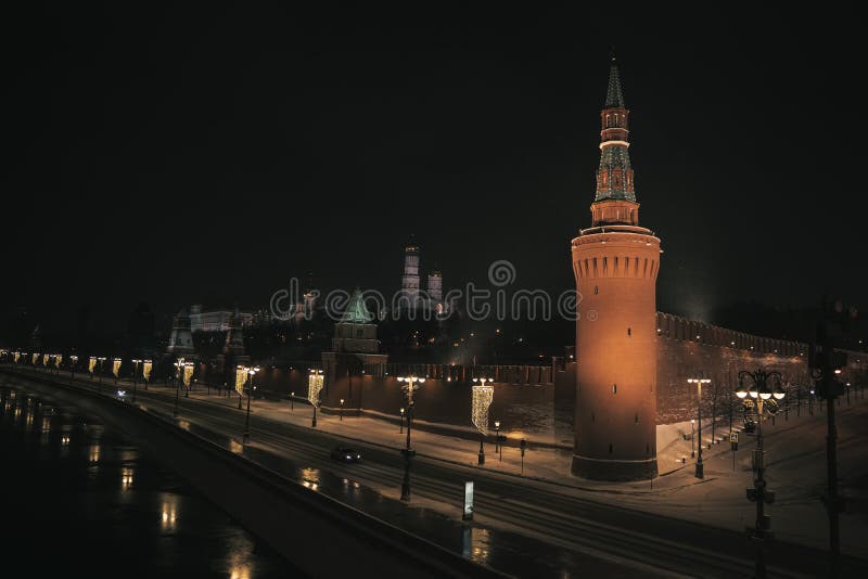 Moscow Kremlin in Fires by Cold Winter Night. Russia Stock Photo ...