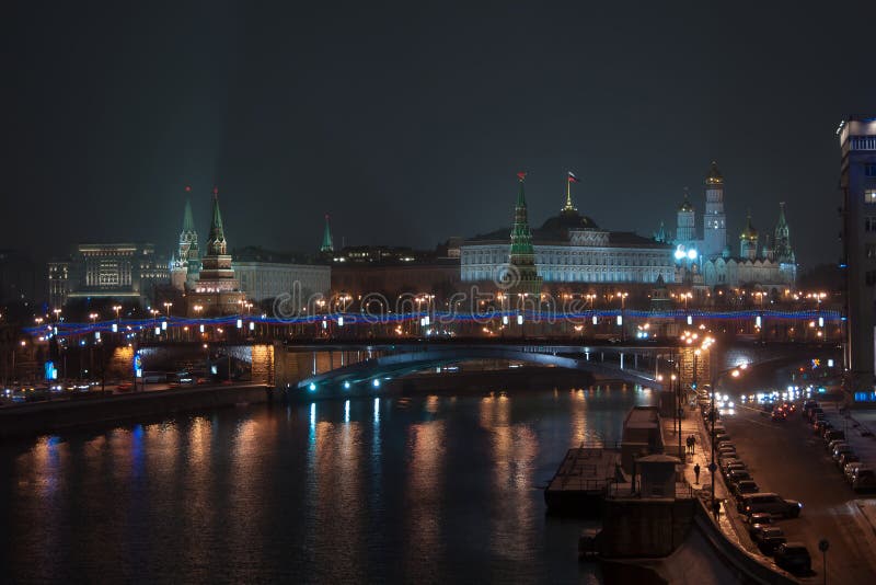 Moscow Kremlin and Moscow River at Night Stock Photo - Image of ...
