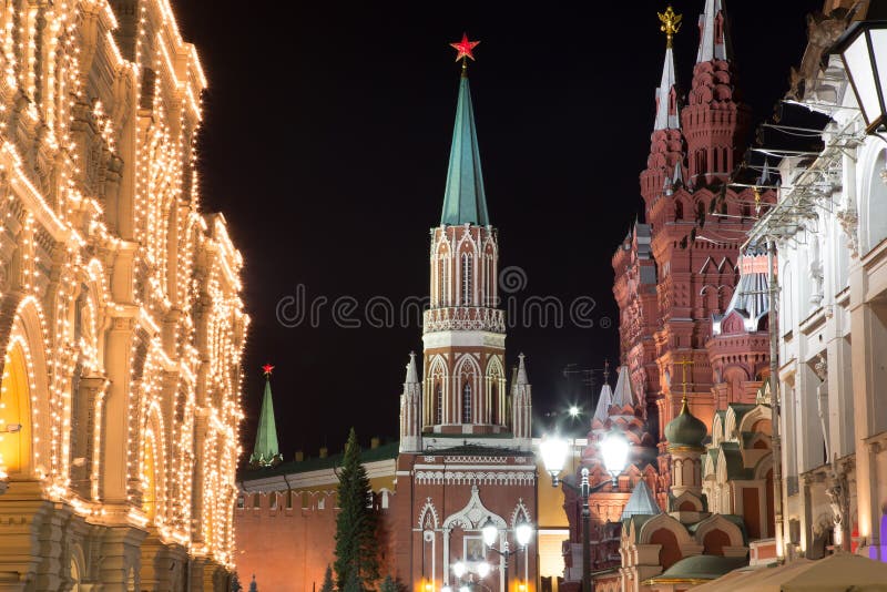 Moscow Kremlin by Night, Russia Stock Photo - Image of international ...