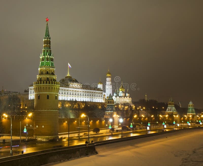 Moscow, Kremlin at Night in Winter Stock Photo - Image of landmark ...