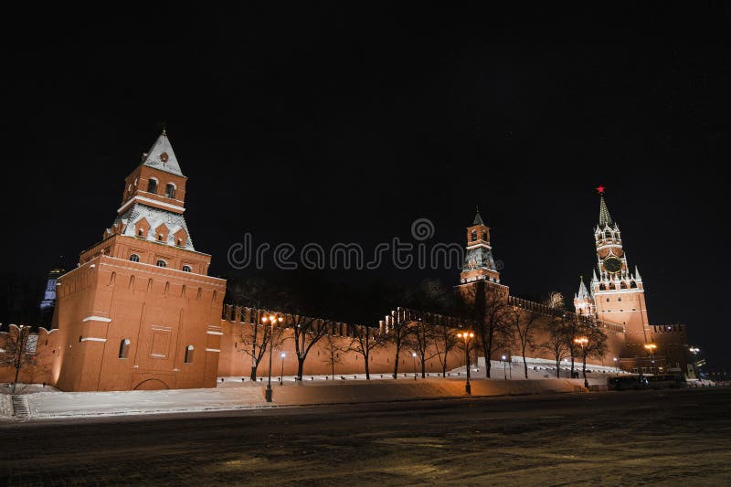 Moscow Kremlin on Red Square at Night in Winter. Illumination of ...