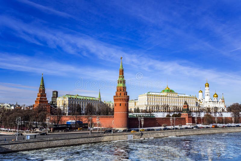 Moscow Kremlin and Moscow River in Early Spring in March during the Ice ...