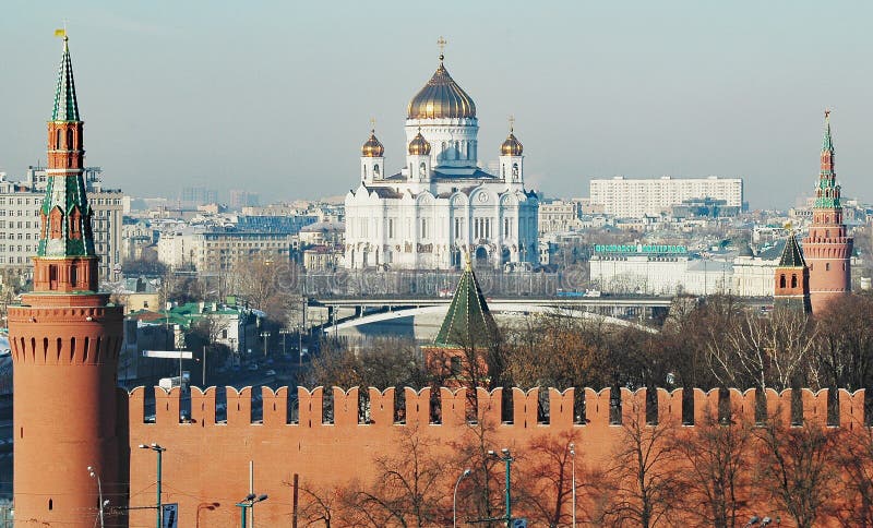 Crenellated Kremlin Wall and Tower and Cathedral of Christ the Saviour ...