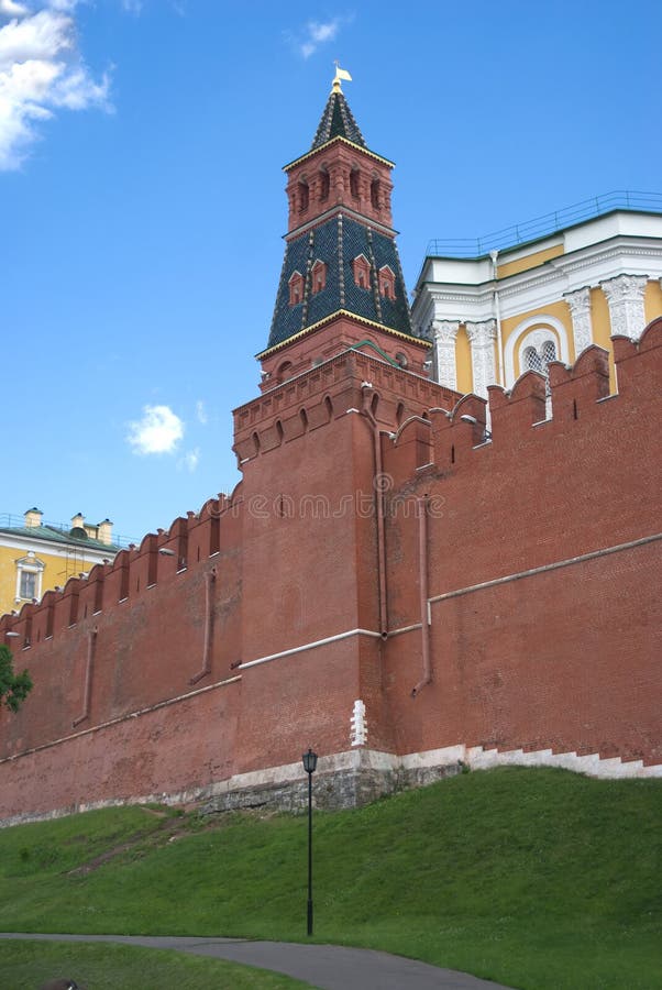 Moscow Kremlin Embank with Red Brick Wall and Towers in Bright Sunny ...