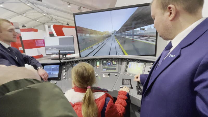 Girl Operating Control Panel with Computer Screen in Center Stock ...