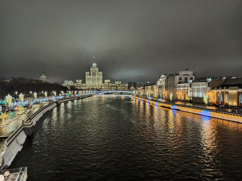 Moscow Night River Central University Stock Image - Image of river ...