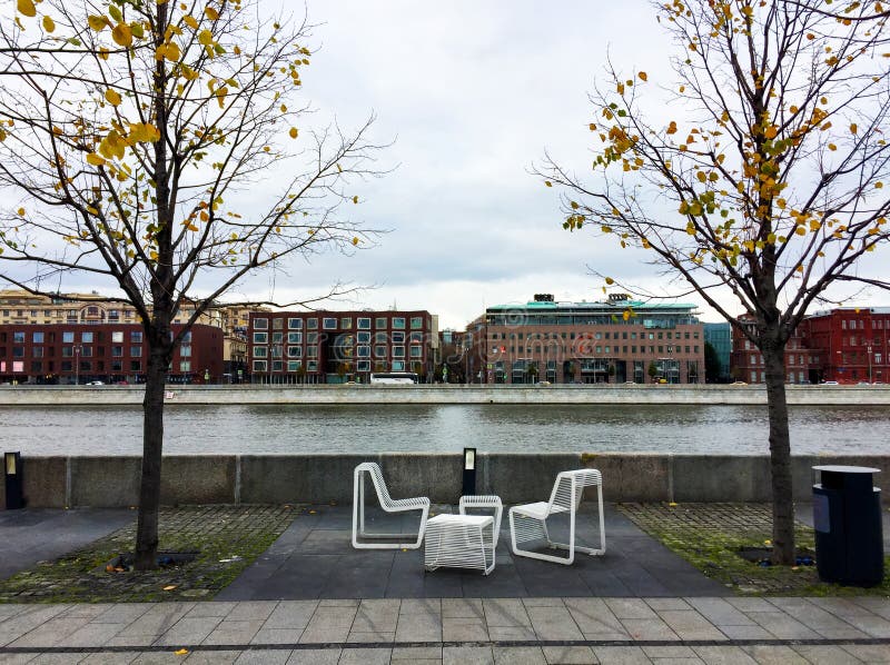 Moscow River Embankment with Table, Two Trees and Fallen Leaves Stock ...