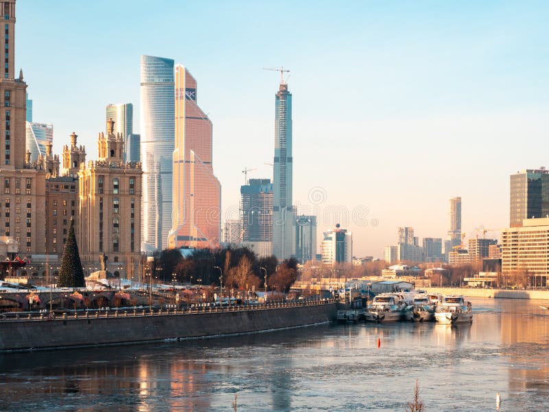 Moscow City Architecture Landmarks View. Moscow River with Vessels ...