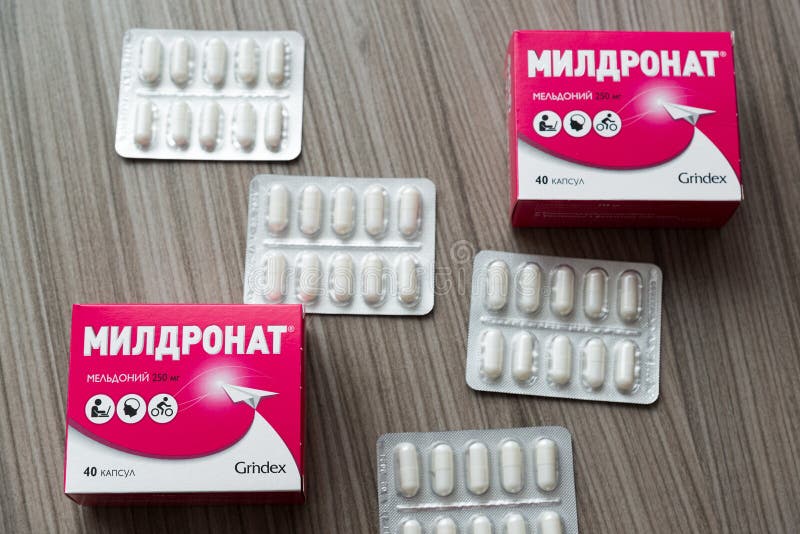 Moscow, Russia - April 2, 2017. Two Packages of Medicinal Meldonium ...