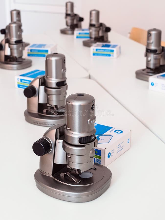 Digital Microscopes DIGITAL BLUE QX7 on the Tables in the Classroom ...