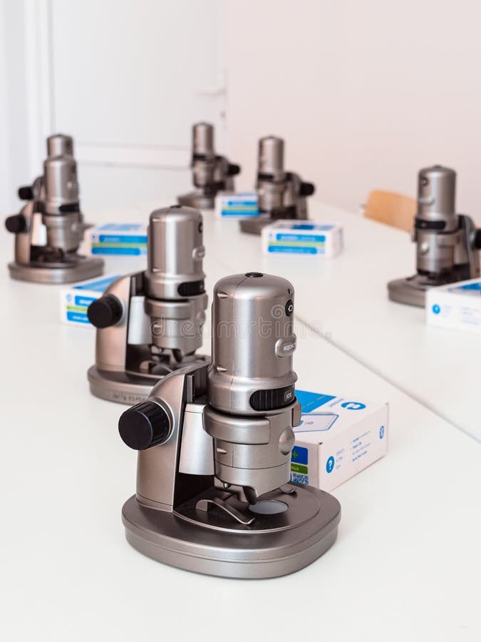 Digital Microscopes DIGITAL BLUE QX7 on the Tables in the Classroom ...