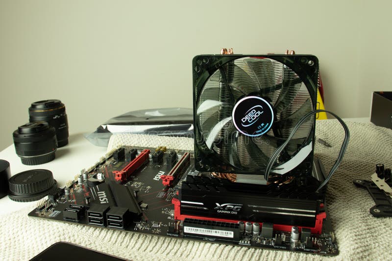 Moscow, Russia - 5 December 2020: PC MSI Motherboard with CPU Fan and ...