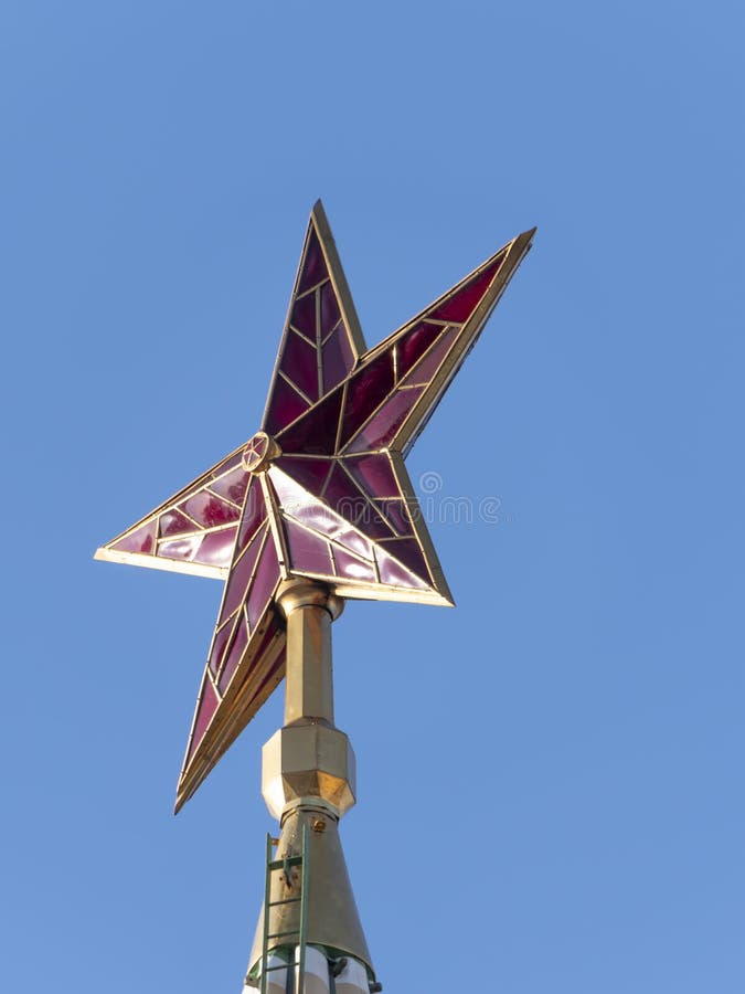 MOSCOW , RUSSIA, June 10, 2019: Ruby Star on the Spire of the Spasskaya ...