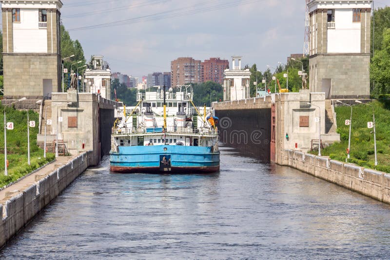Moscow, Russia - June, 2016. Ship Going through Sluice Gates Editorial ...