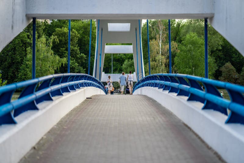 Moscow Russia 2022 Long High Concrete Pedestrian Bridge Over the River ...