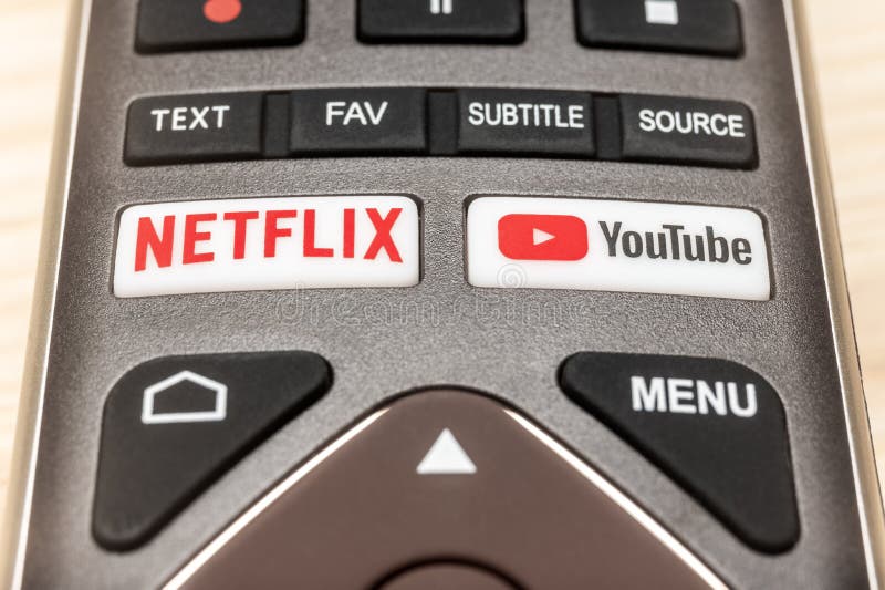 MOSCOW, RUSSIA - 6 MAR, 2021: Youtube and Netflix Buttons on Remote ...