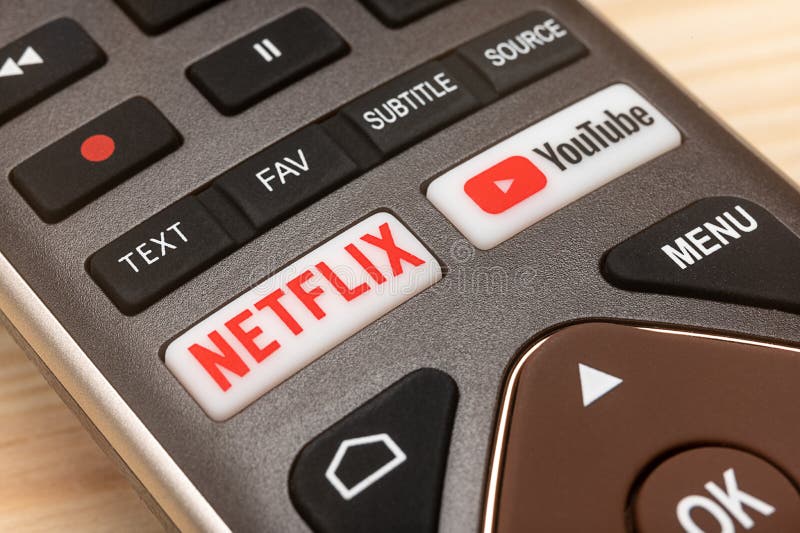 MOSCOW, RUSSIA - 6 MAR, 2021: Youtube and Netflix Buttons on Remote ...