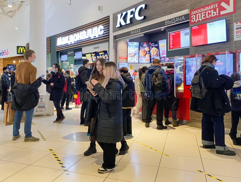 Moscow Russia March 2022 Mcdonald`s And Kfc Fast Food Corners Are