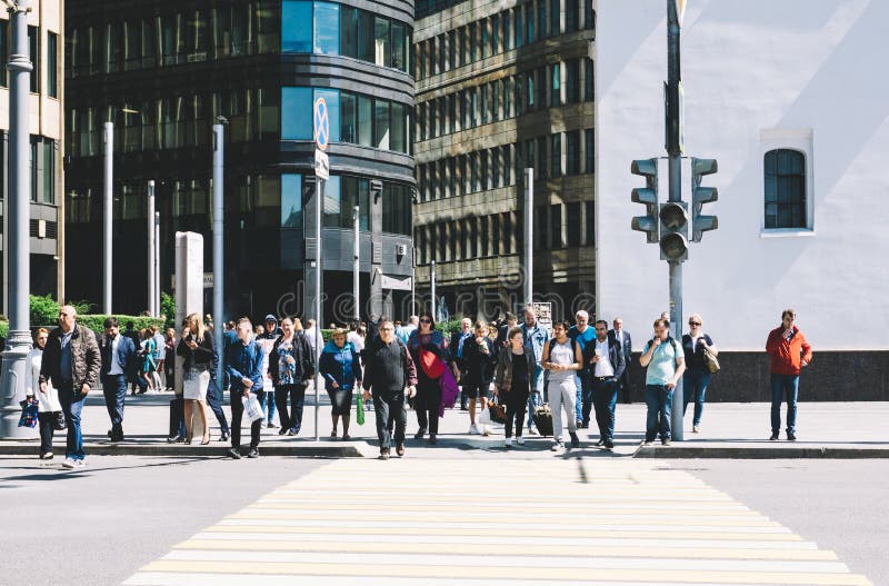 Moscow, Russia - May 27, 2019: People Walk through the Intersection in ...